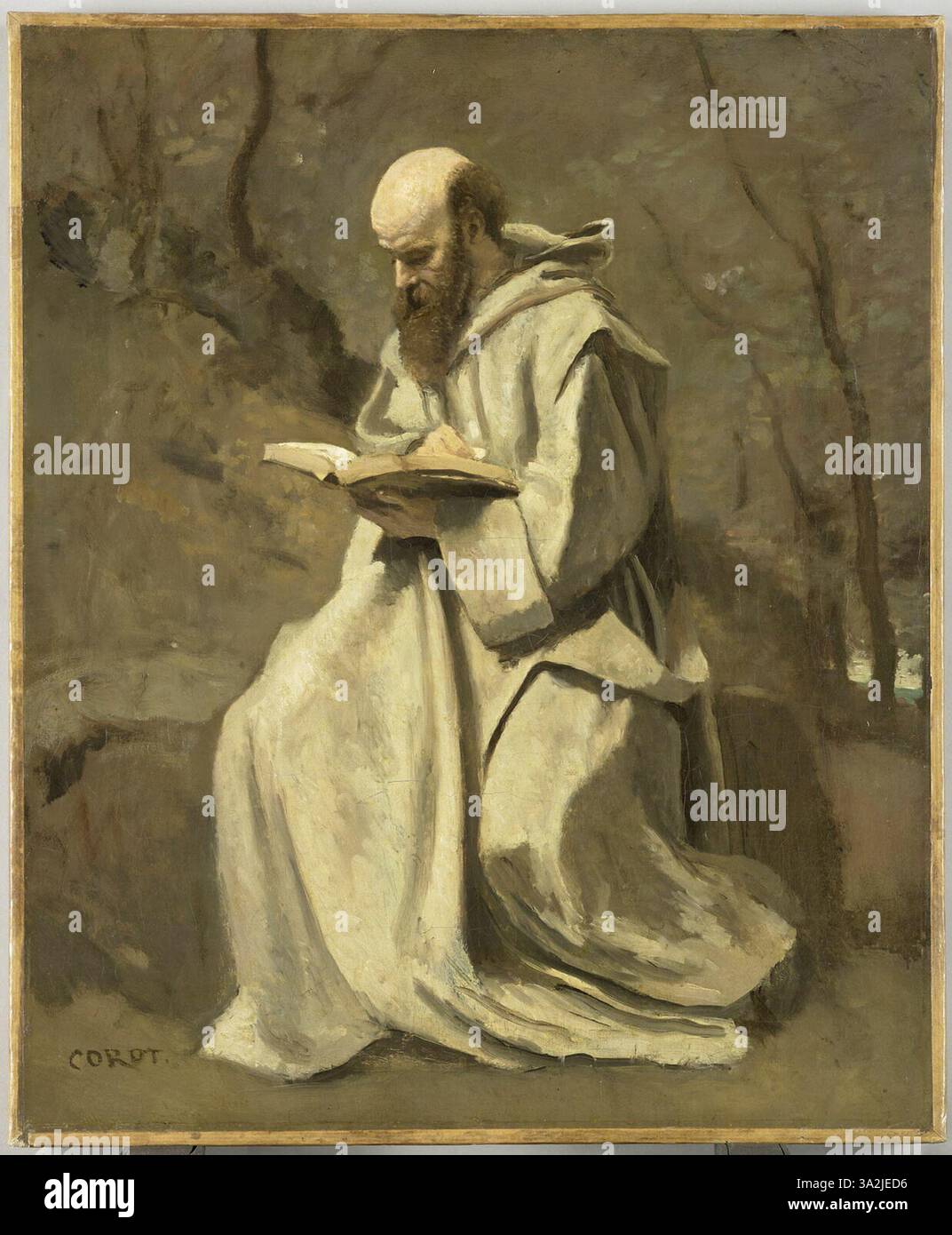 *Moine Blanc, Assis, Lisant* by Jean-Baptiste Camille Corot portrays a ...