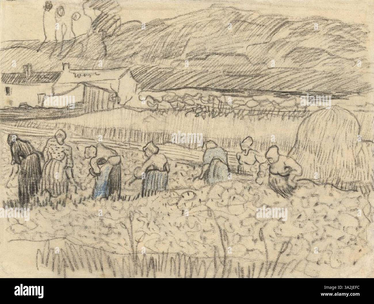 A detailed sketch by Vincent van Gogh showing the rural landscape with ...