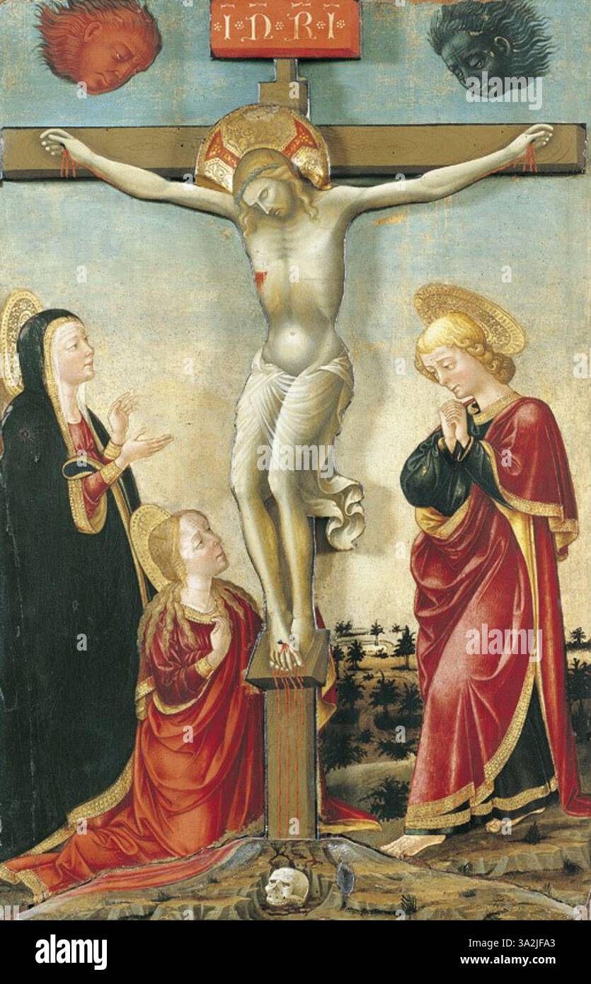 This 15th-century work by Neri di Bicci depicts Christ on the cross, with the Virgin Mary, Saint ...