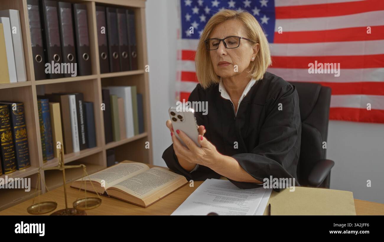 Elderly woman judge with blonde hair and glasses in an american ...