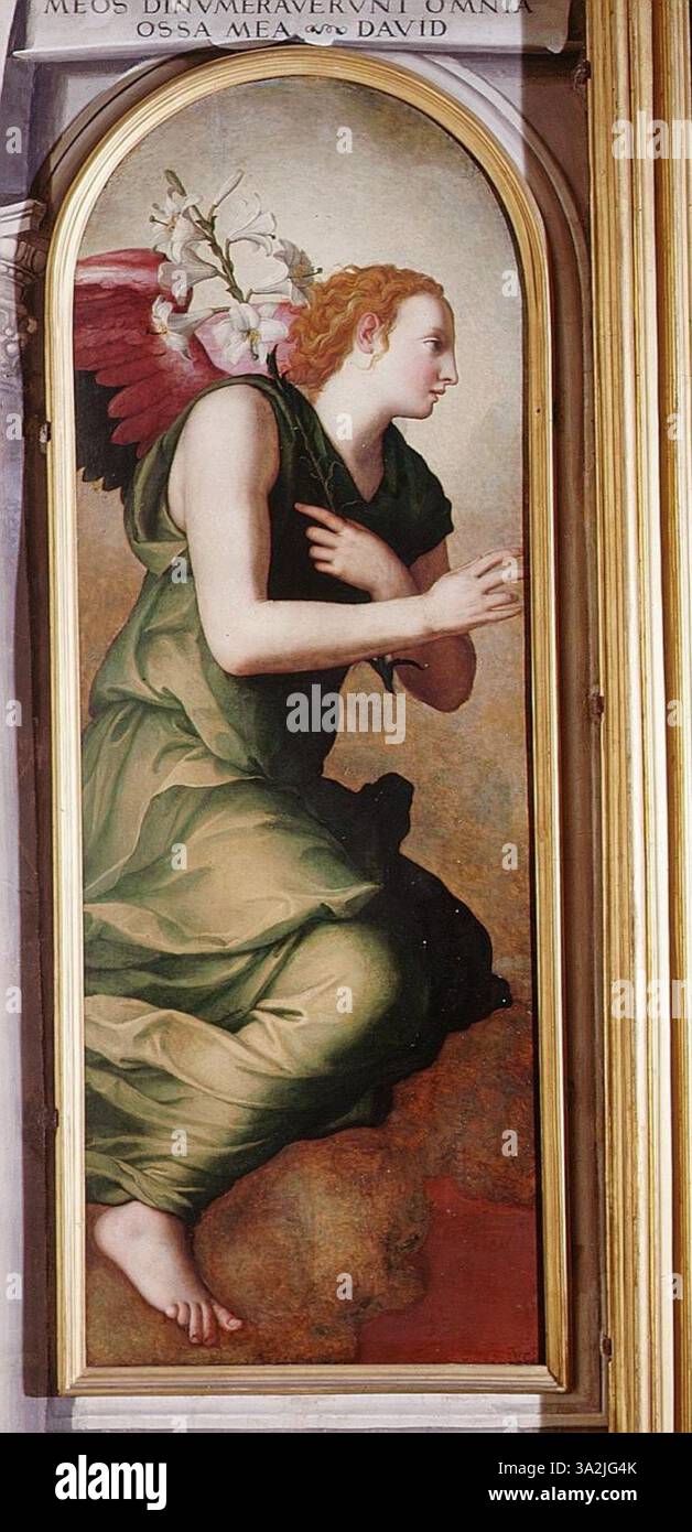 This work by Bronzino shows an angel delivering the annunciation in a ...