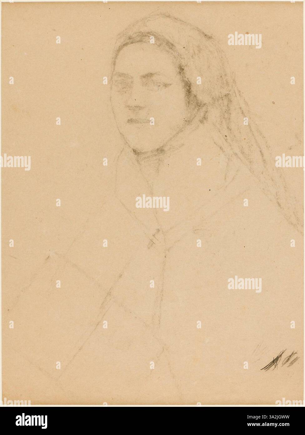 This portrait depicts a nun in her habit, with a calm expression and a ...