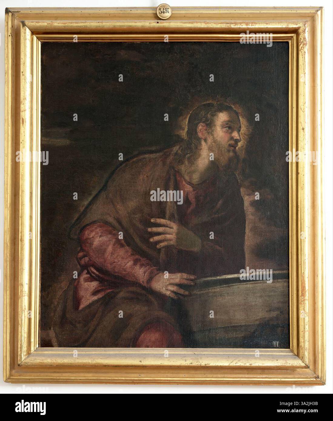 This painting features a solitary image of Christ, rendered with solemn ...