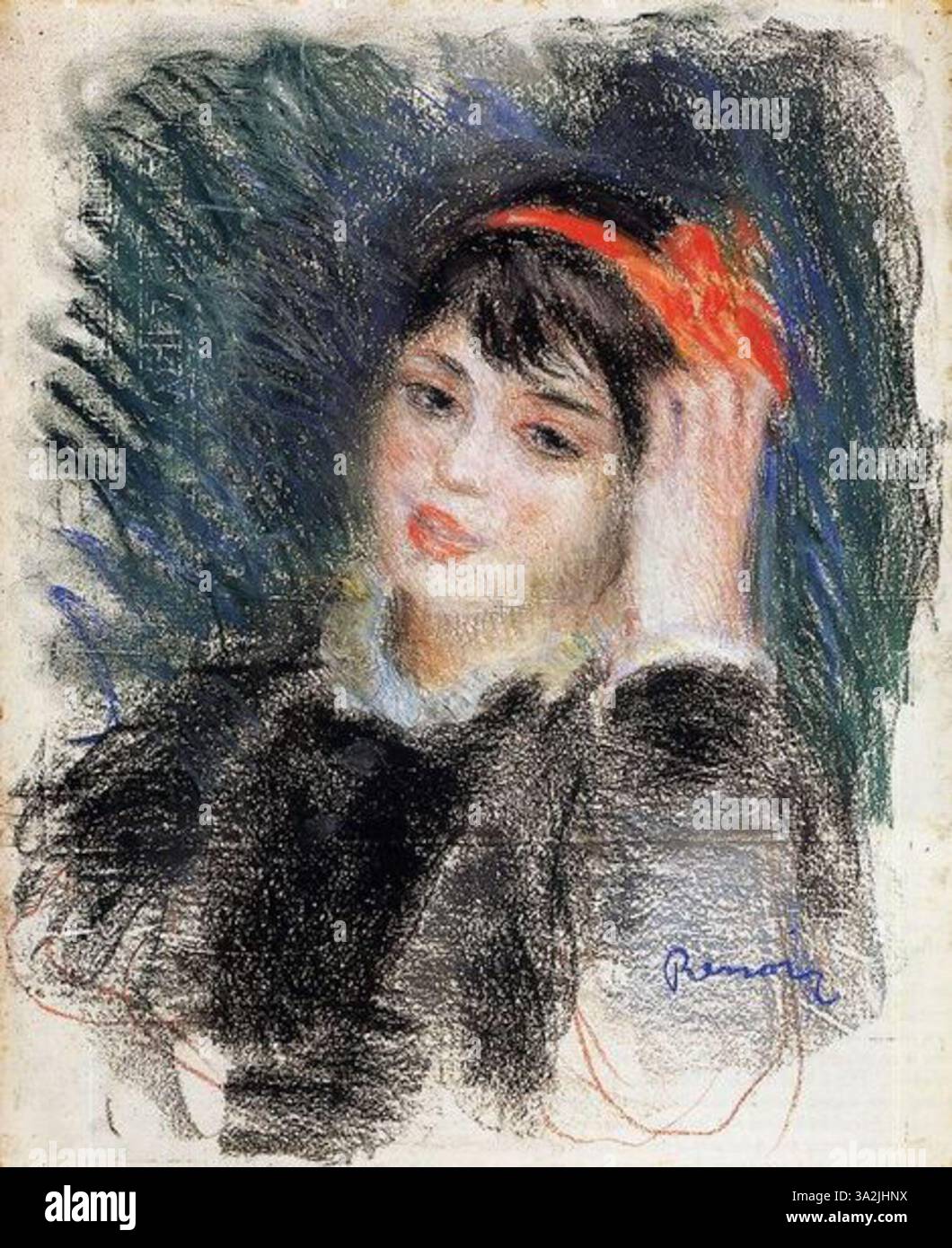 Renoir portrays a young woman’s face with an emphasis on the soft ...