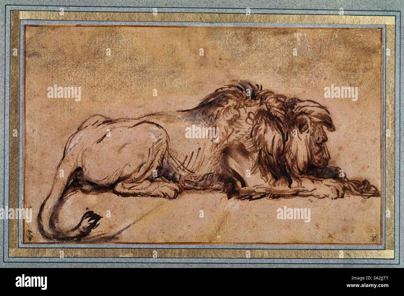 This artwork by Rembrandt’s school depicts a crouching lion, showcasing ...