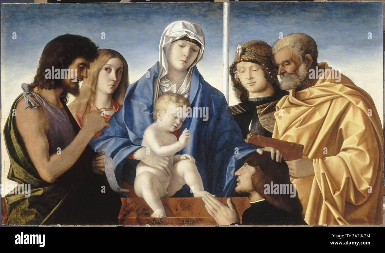 This painting, from Bellini’s atelier, features the Virgin and Child surrounded by saints ...