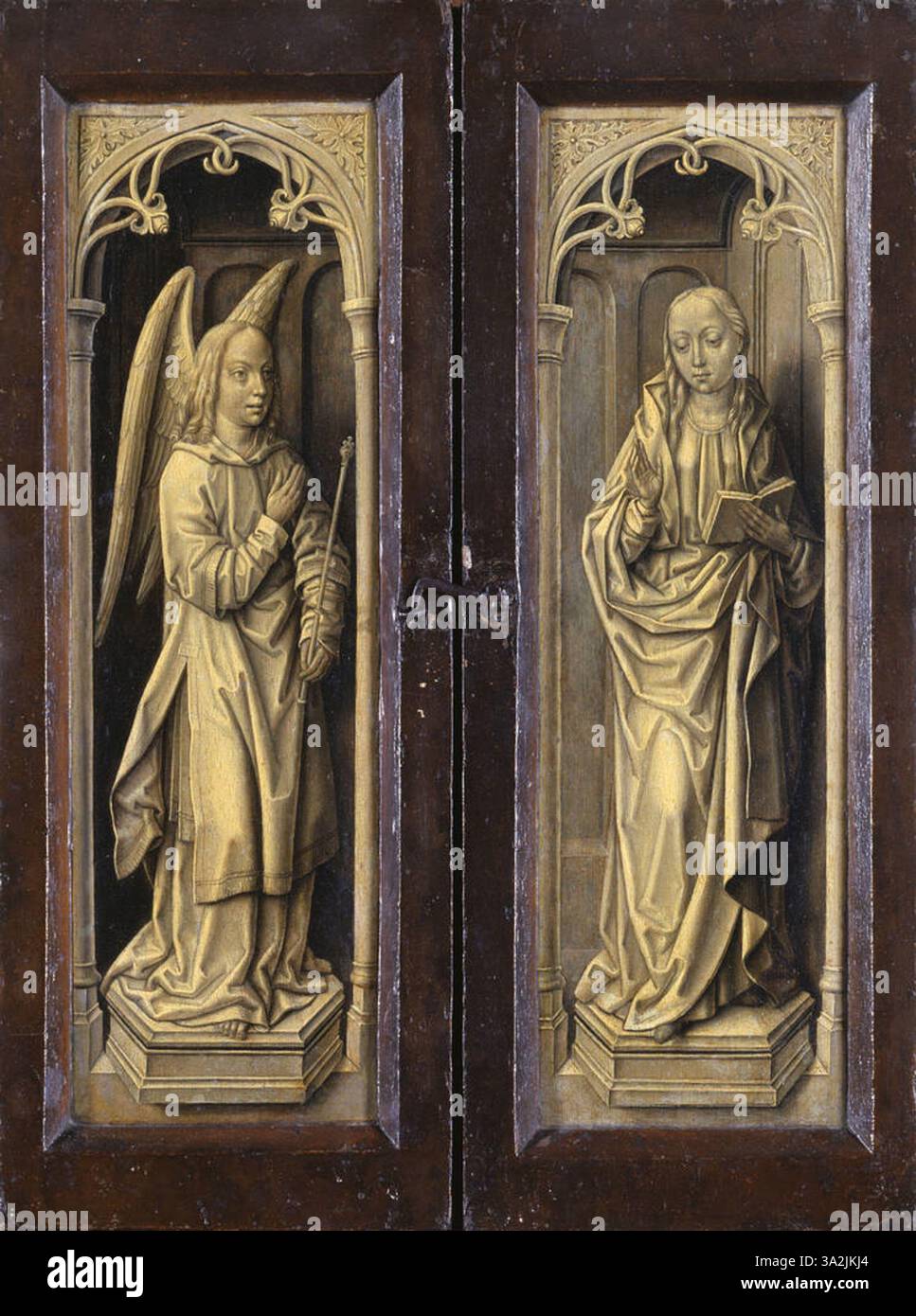 This 15th-century triptych shows the Virgin Mary with St. Mary Magdalene and St. Catherine. The ...