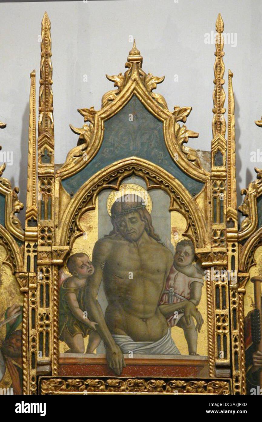 This poignant painting by Carlo Crivelli and Vittore depicts Christ in suffering, a detailed ...