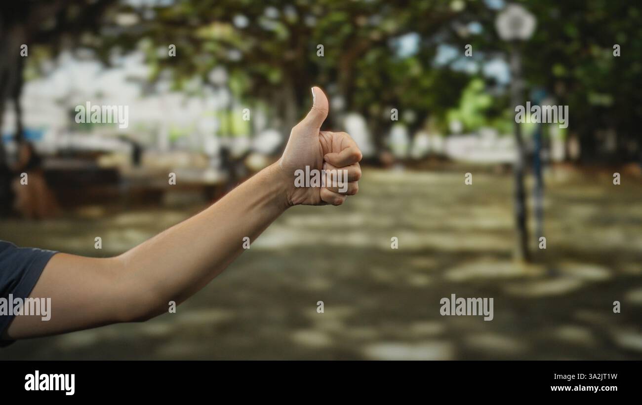 Man's hand gives a thumbs up gesture in a sunlit park with trees ...