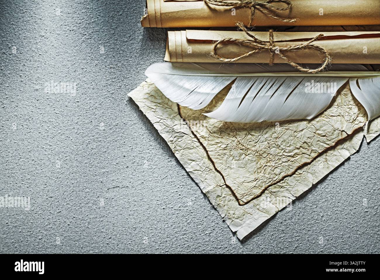 Vintage paper rolls plume on grey background Stock Photo - Alamy