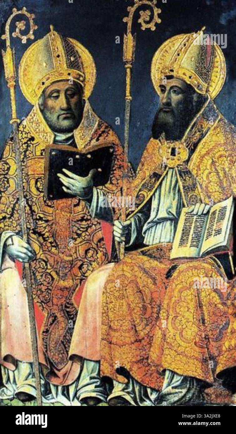 This artwork by Giovanni Mazone presents figures of St. Ambrose and St ...