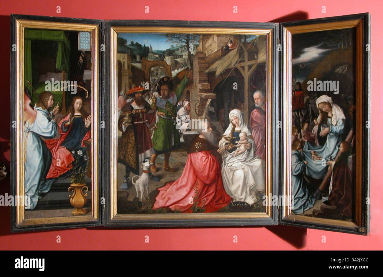This triptych by Jan Provoost depicts the Adoration of the Magi and Shepherds. The central scene ...