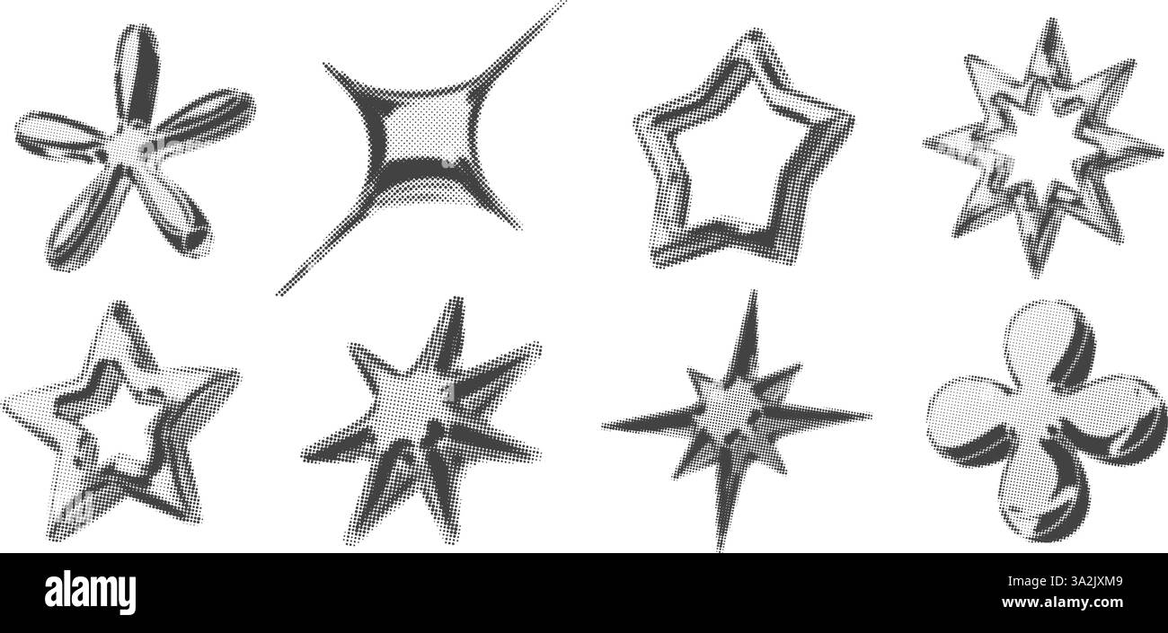 Y2k 3d chrome halftone stars shape retro abstract elements vector ...