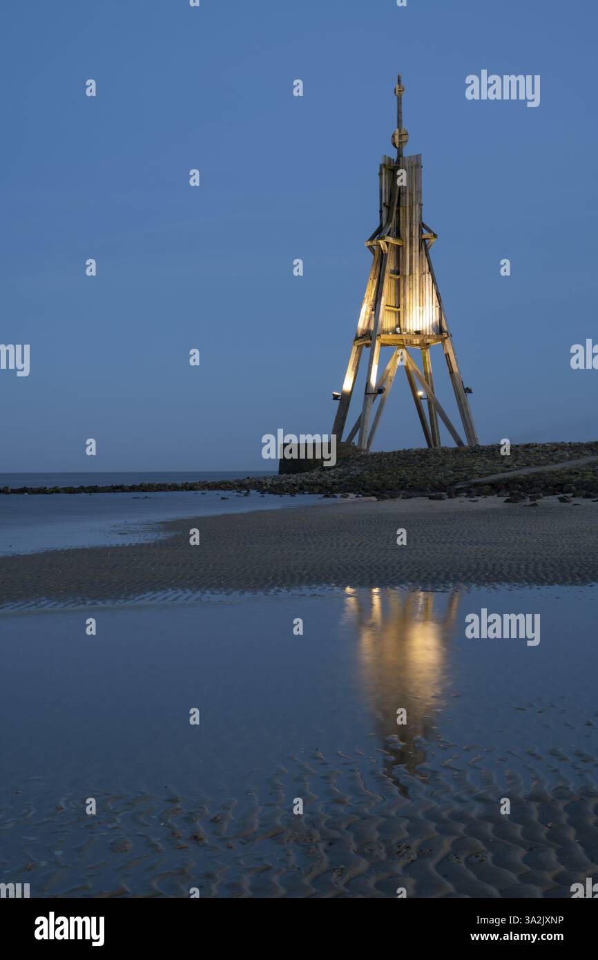 Illuminated spherical beacon with reflection, landmark, blue hour ...