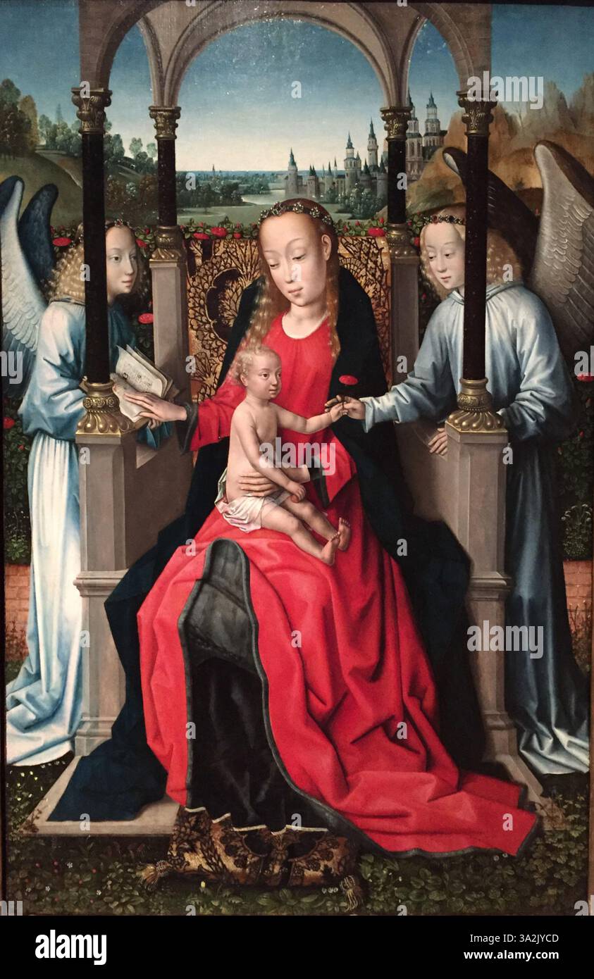 This 15th-century painting shows the Virgin Mary enthroned with the Christ Child, flanked by two ...