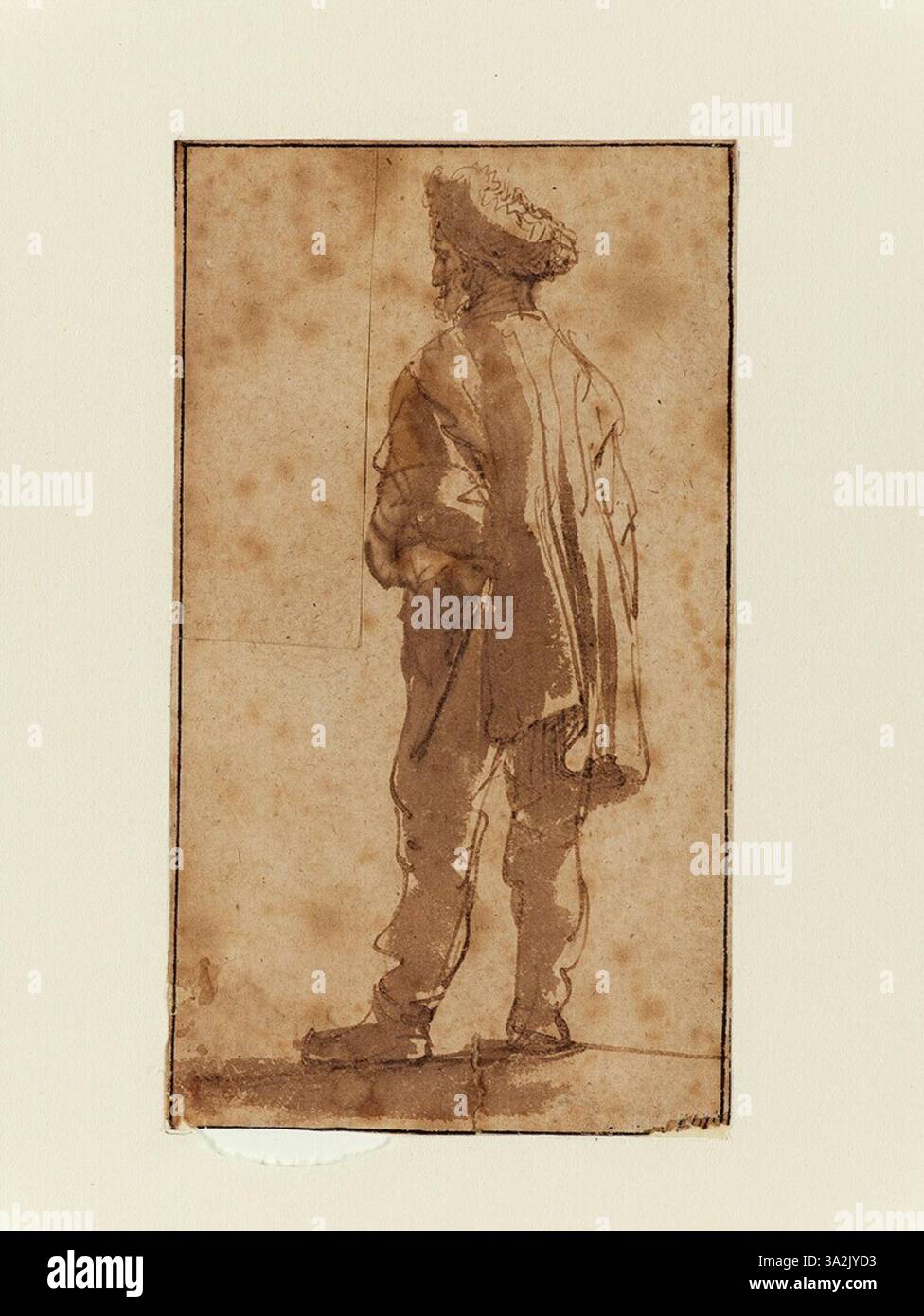 This drawing by Rembrandt shows a standing man wearing a fur cap. The ...