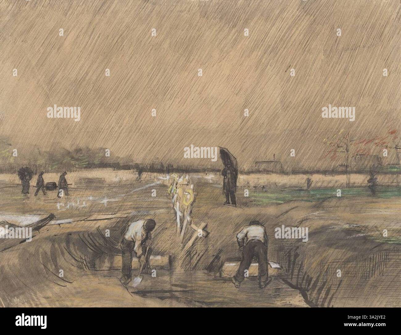 A somber landscape depicting a cemetery in the rain, rendered with Van ...