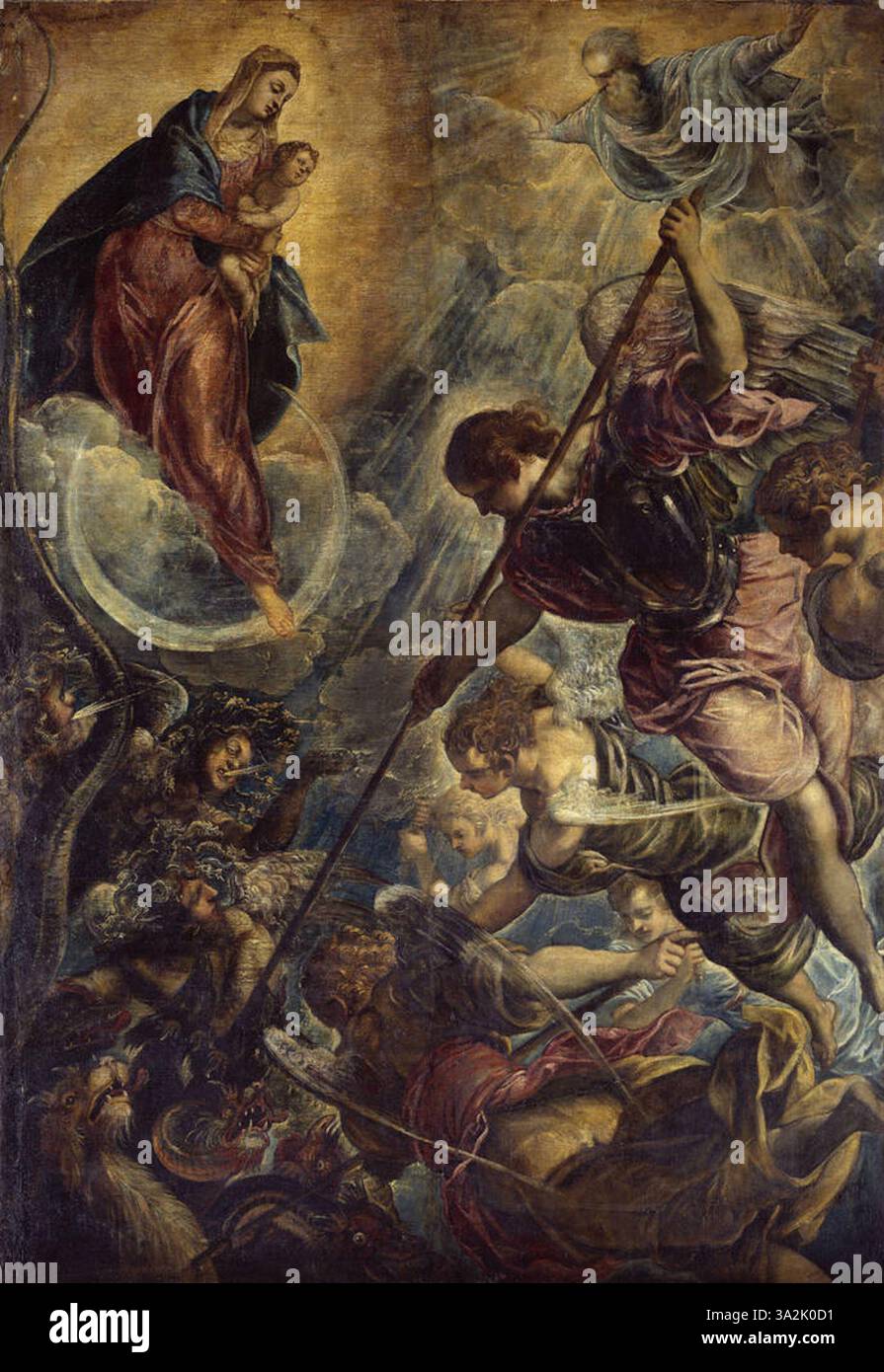 This dramatic painting depicts the Archangel Michael battling Satan ...