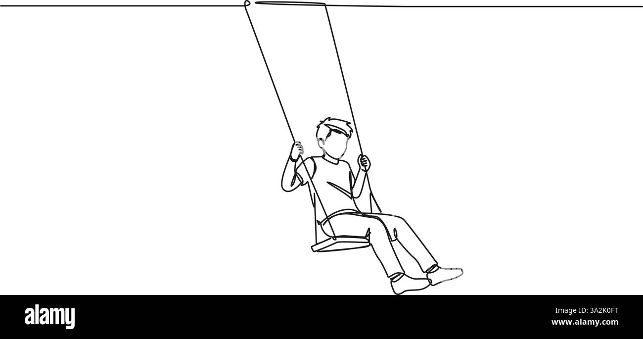 continuous single line drawing of boy on swing set, line art vector ...