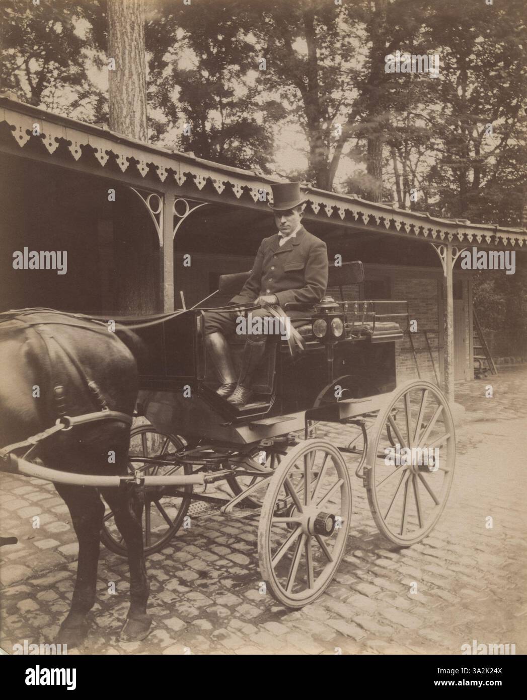 In this 1908 photograph, Eugène Atget captures a carriage in the Bois ...