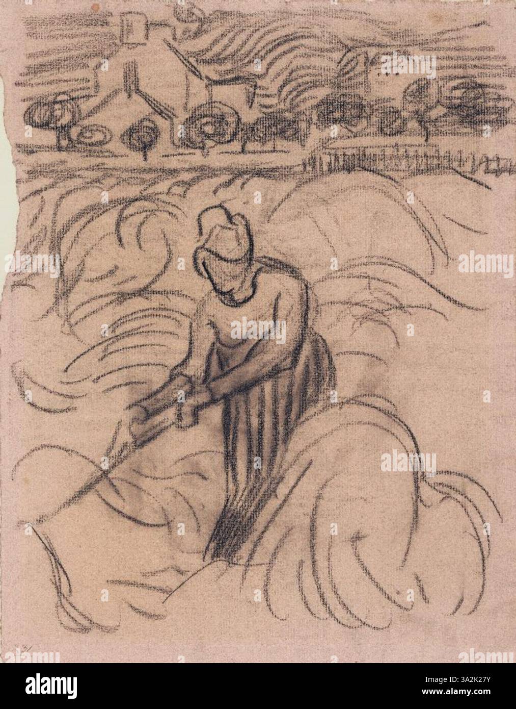 This sketch by Vincent van Gogh captures the rural landscape, focusing ...