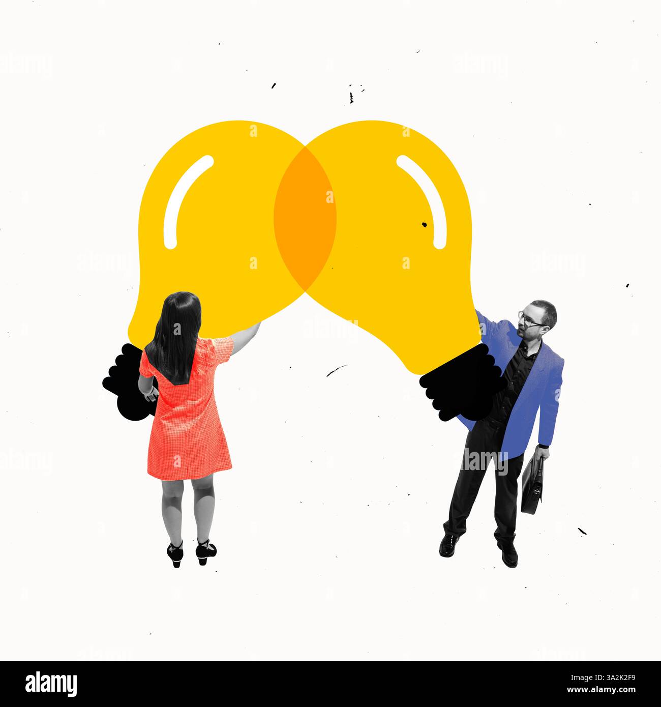 Two business partners connecting lightbulbs, integrating ideas in one ...