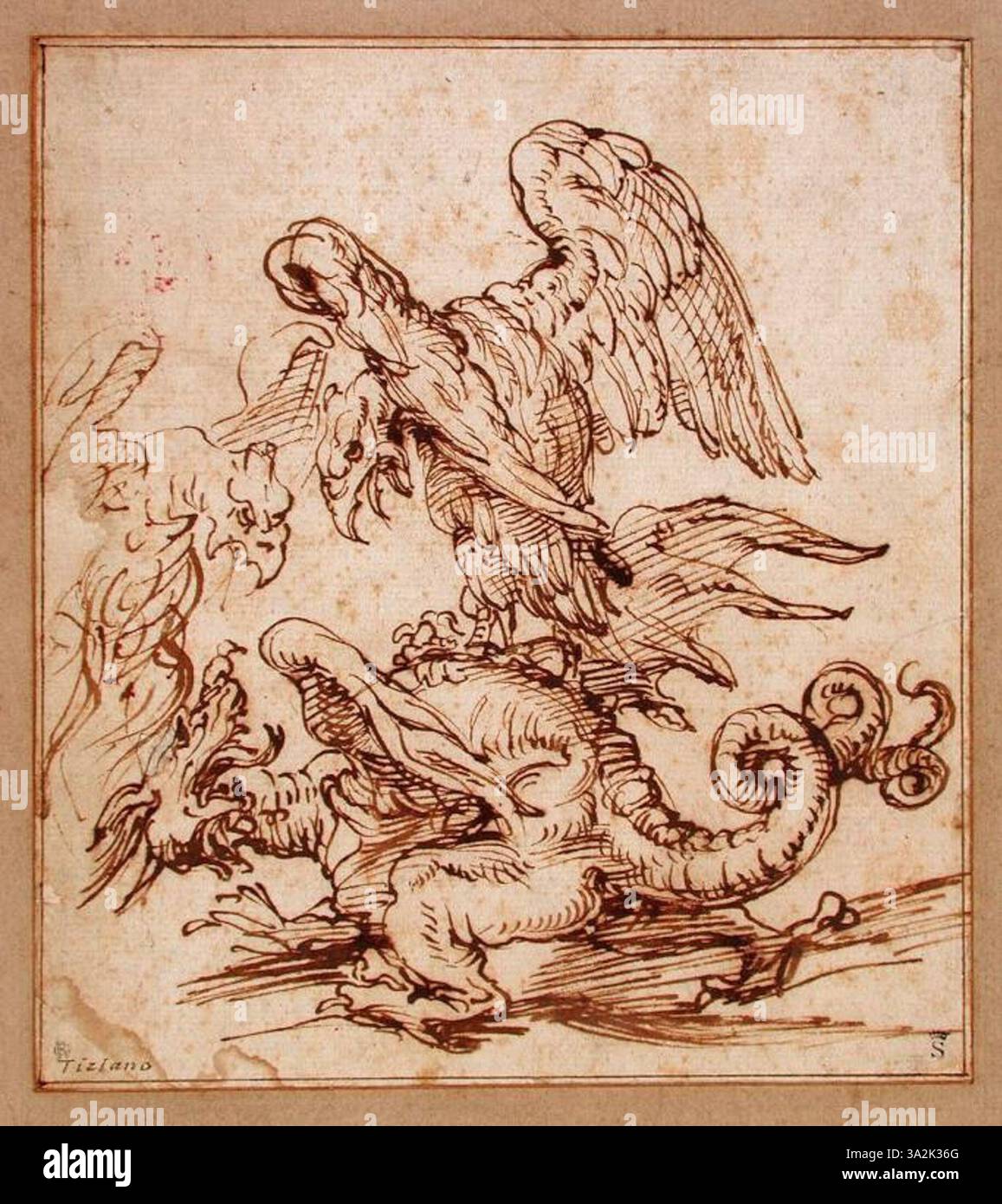 This painting by Titian depicts two eagles engaged in a battle with a ...