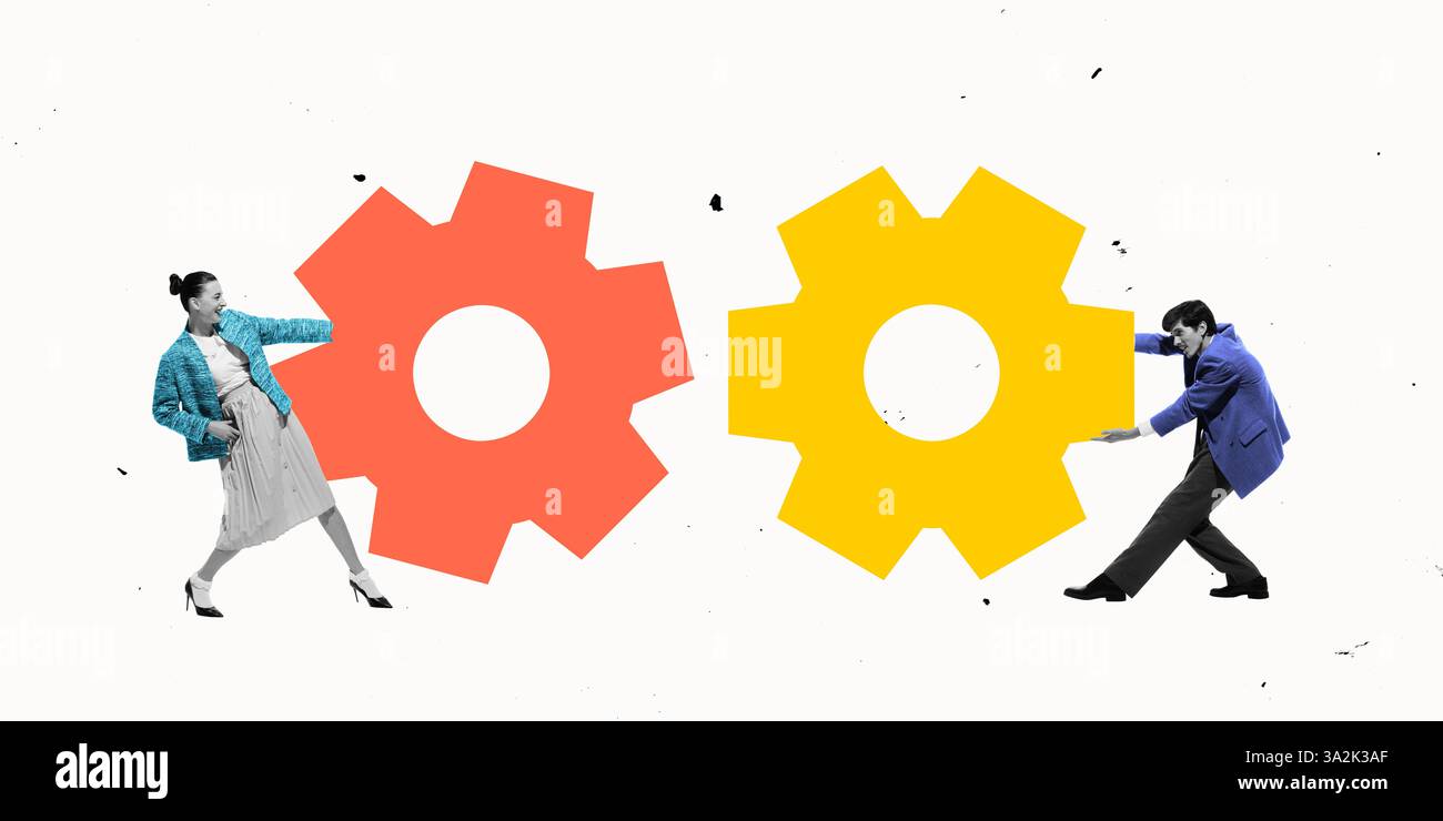 Business people pushing gears into motion, symbolizing teamwork and ...