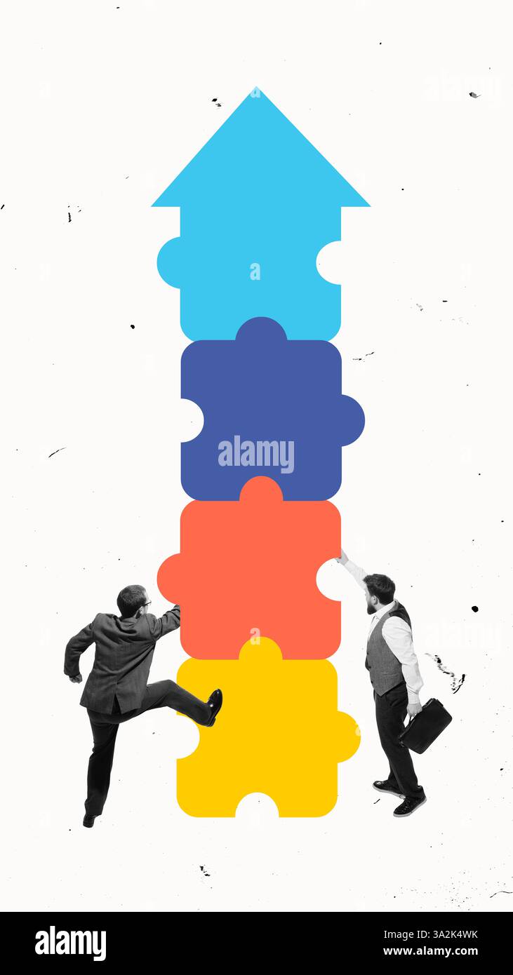 Business partners climbing interconnected puzzle pieces shaped as arrow ...