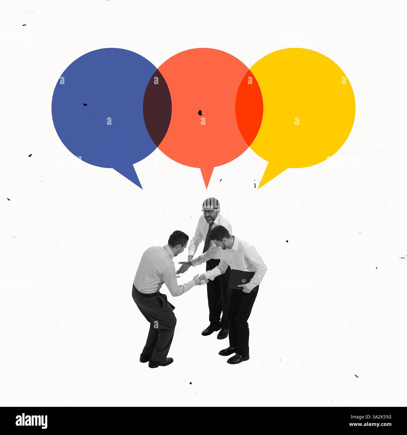 Business team engaged in discussion with overlapping speech bubbles ...