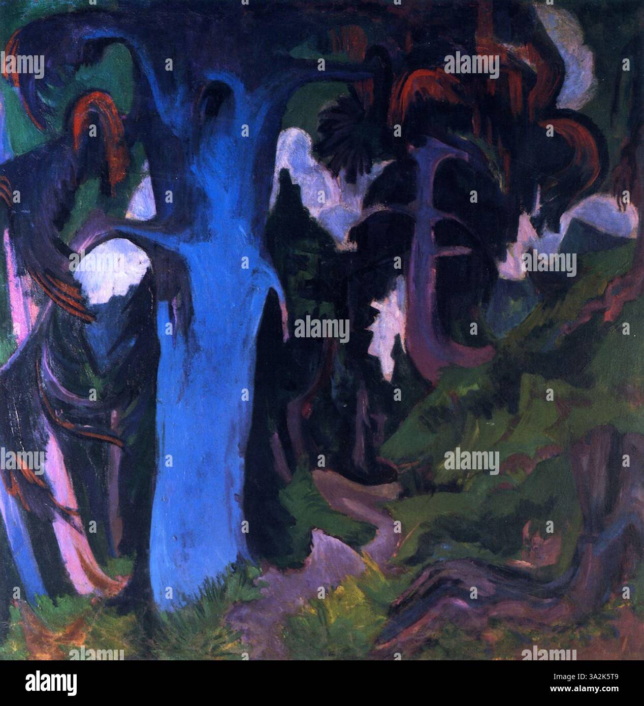 Kirchner's 'The Blue Tree' depicts a striking forest scene where a tree ...