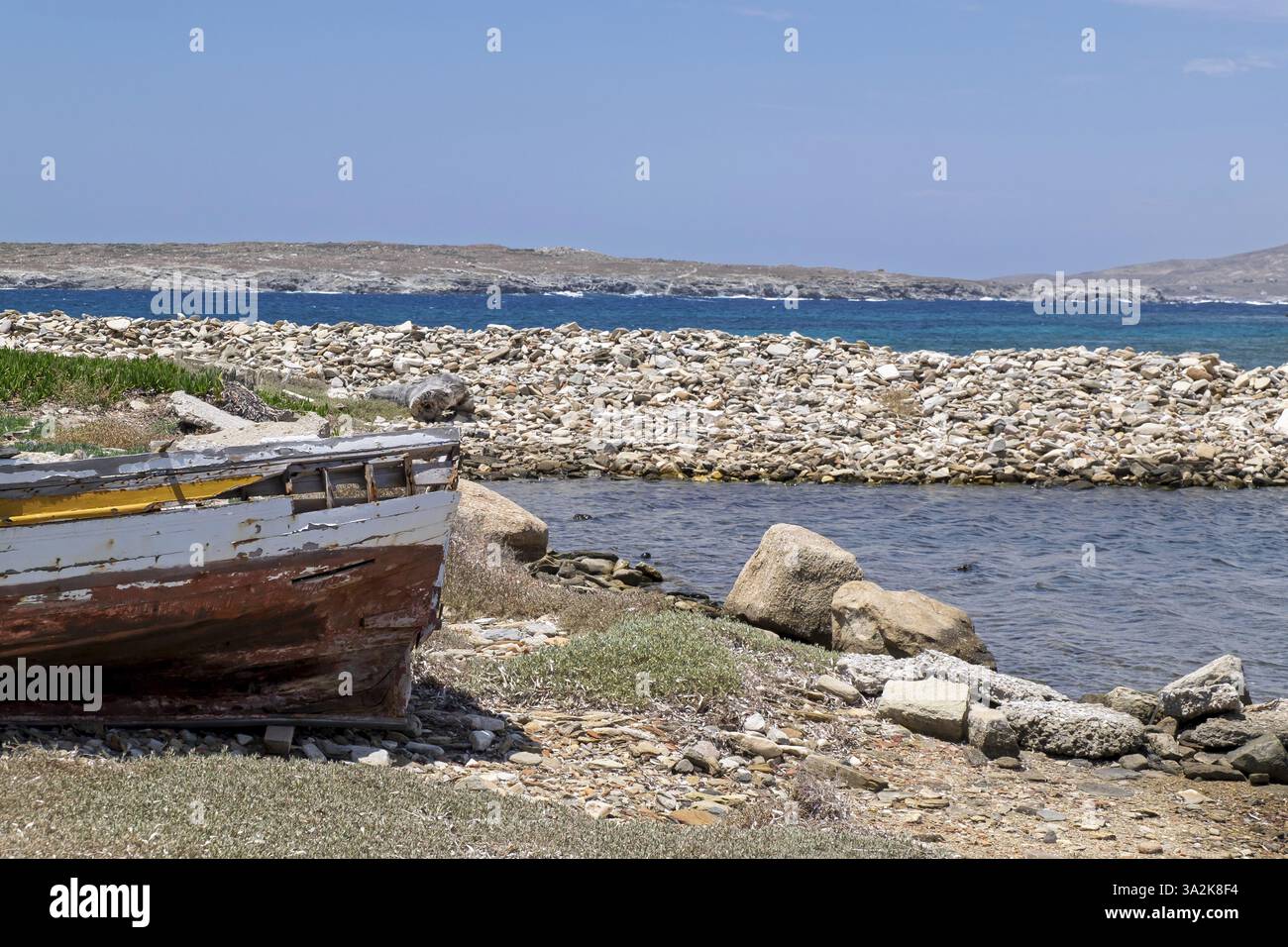 Old boat on the beach, Delos, Cyclades, Greece, Europe Stock Photo - Alamy