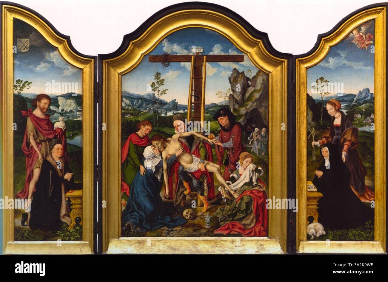 The Triptych of the Descent by Joos van Cleve depicts the moment of Christ’s descent from the ...