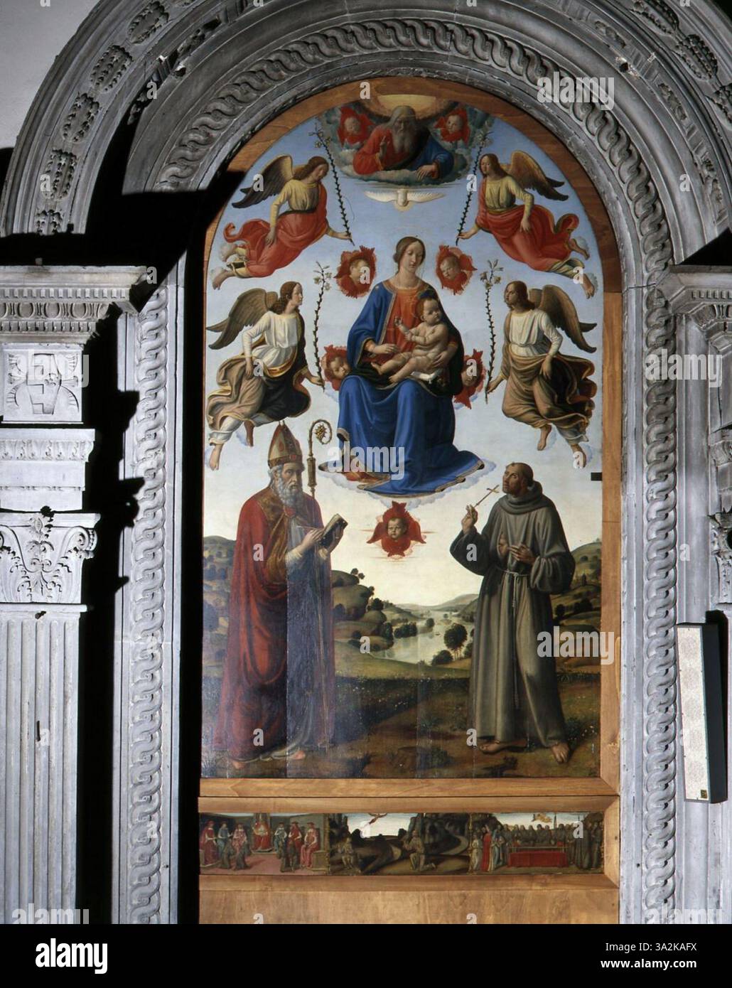 This painting by Cosimo Rosselli portrays the Virgin Mary with the infant Jesus surrounded by ...