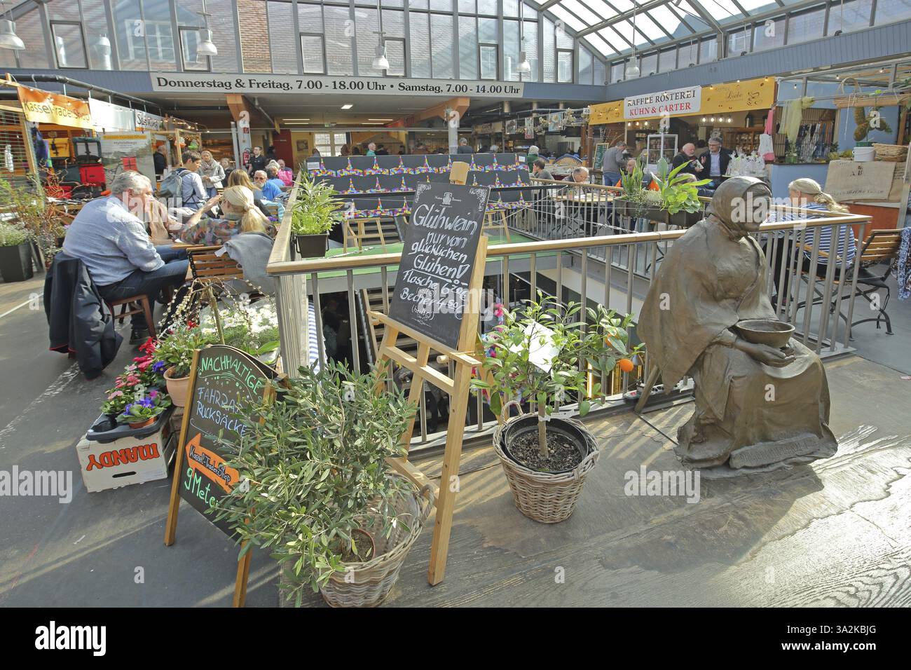 Interior view of the historic market hall with restaurant, market ...
