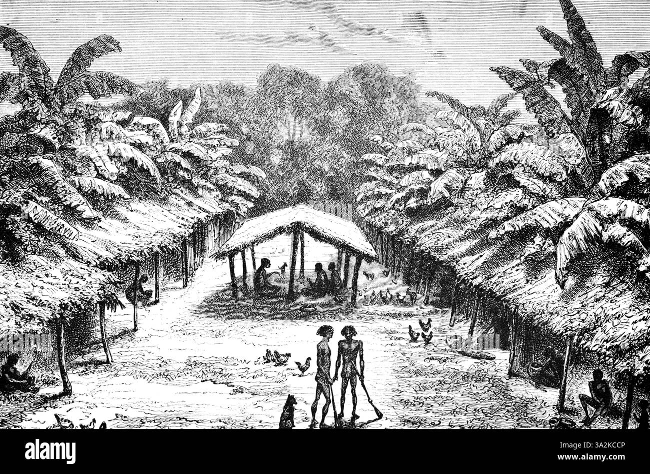 Native village on the Gabon River, open huts, people sitting in the ...