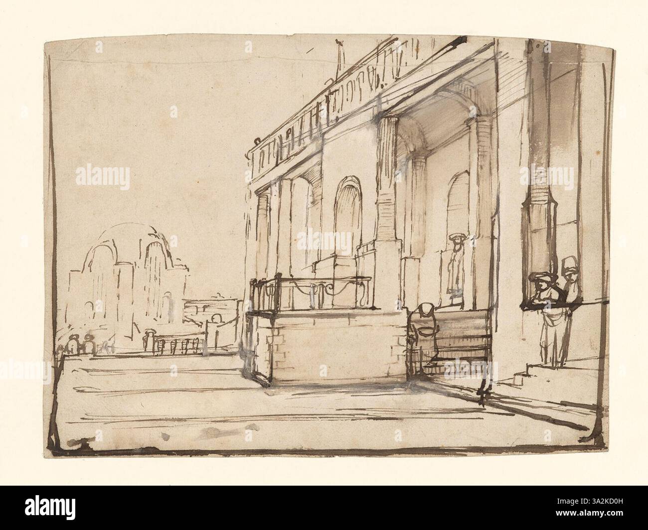 In this etching, Rembrandt presents a view of buildings, focusing on ...