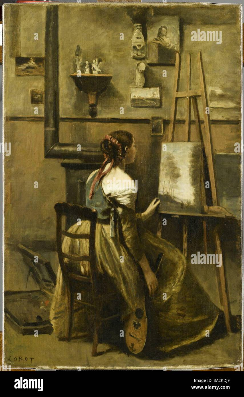 In this painting, a young woman is depicted sitting before an easel in ...
