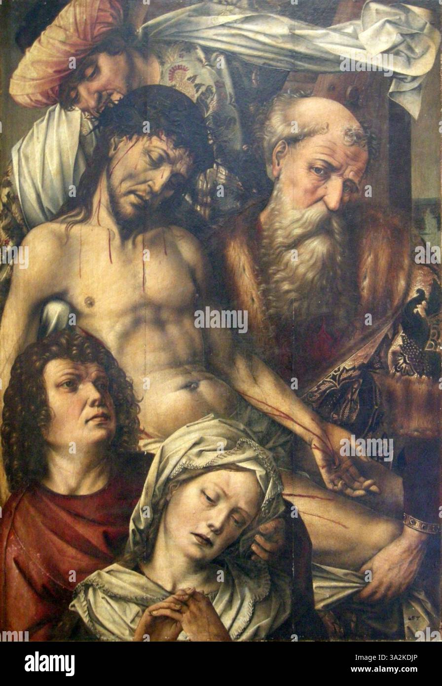 This painting by Colijn de Coter depicts the Deposition of Christ, focusing on the sorrowful ...