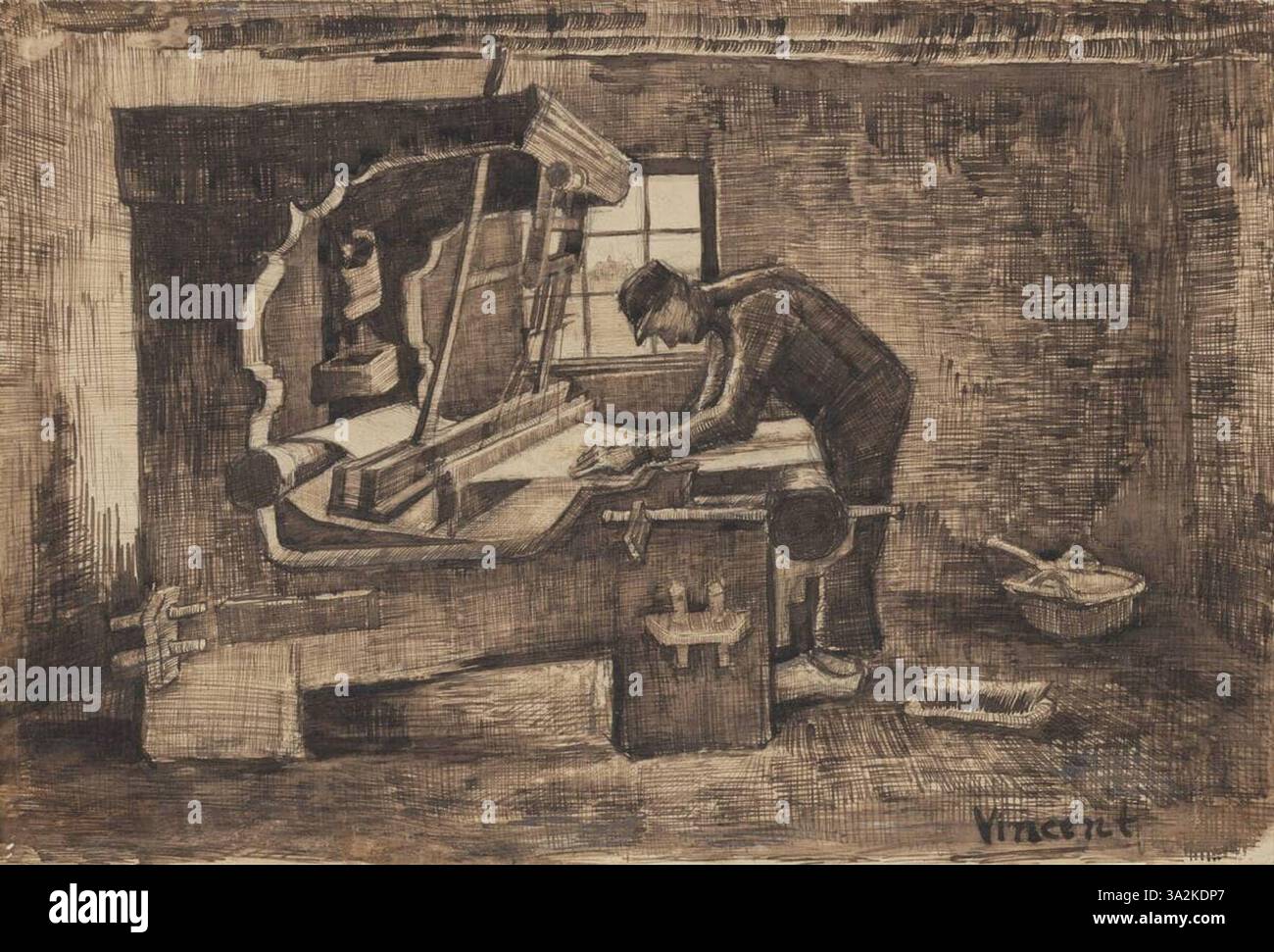 This painting shows a weaver at a loom, highlighting the intricate ...