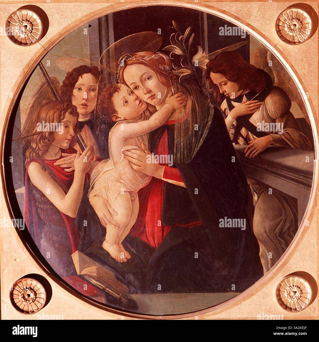 This work by Sandro Botticelli from his workshop depicts the Madonna with the Christ child ...