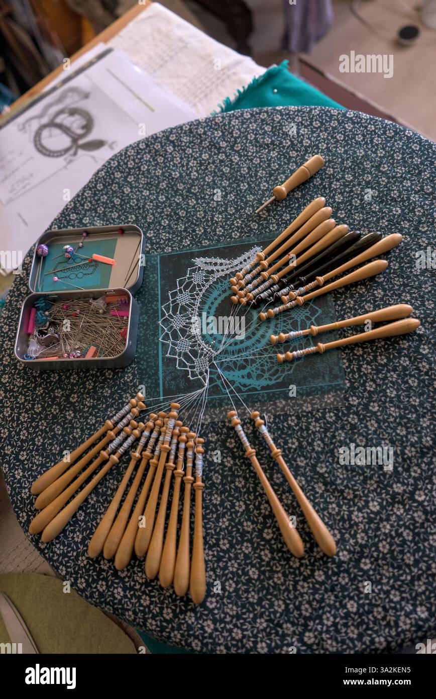 bobbin lace work, crafts Stock Photo - Alamy