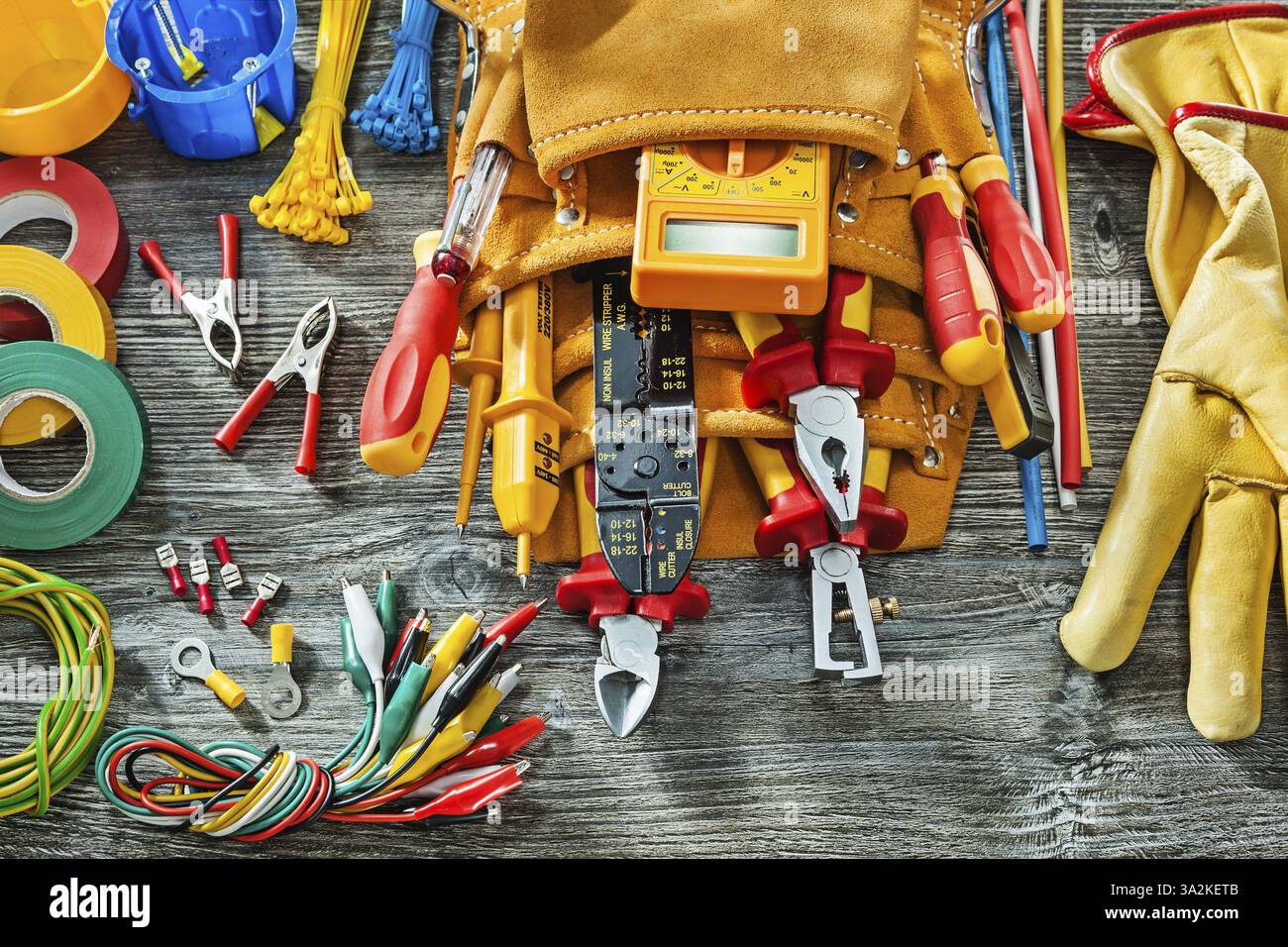 Very big set tools of electrical tools on vintage wooden background ...