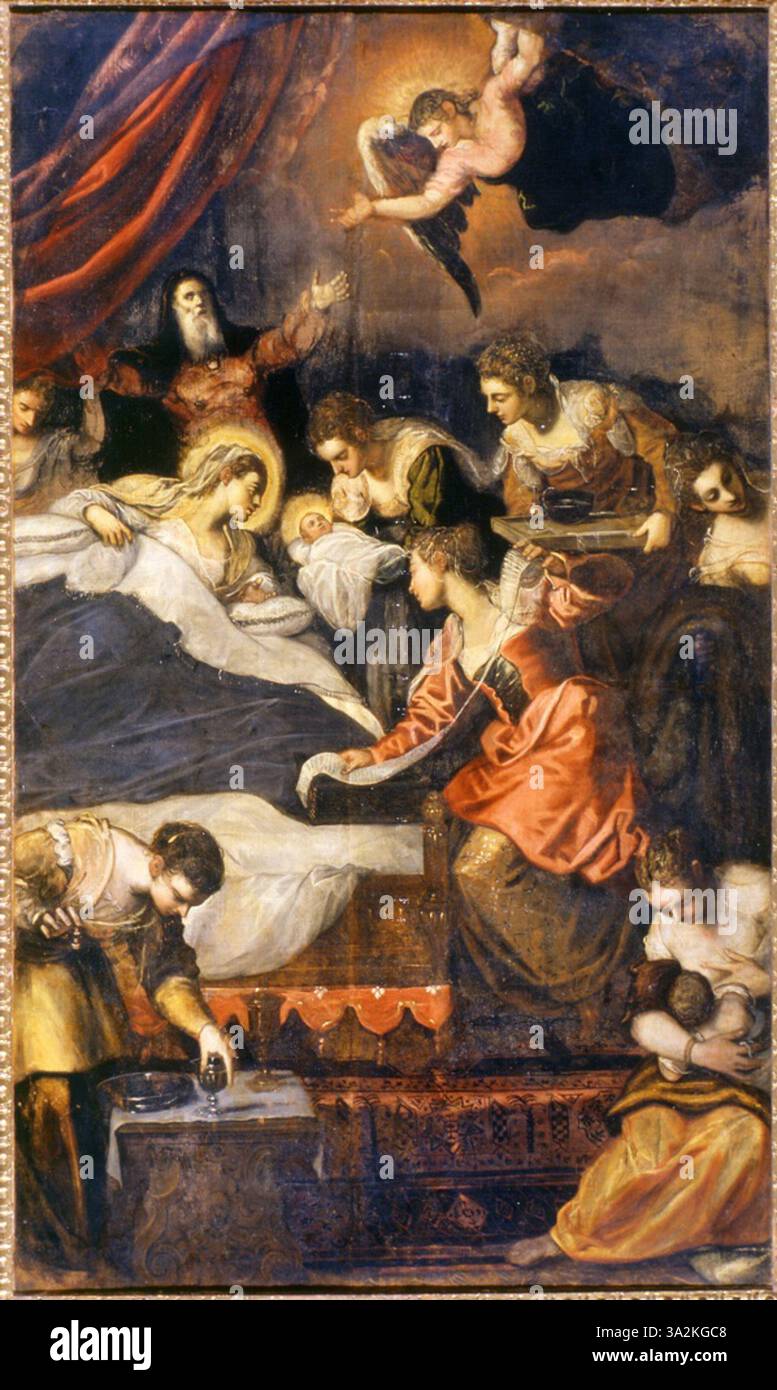 This painting depicts the Nativity of the Virgin Mary, focusing on the birth of Mary in a serene ...