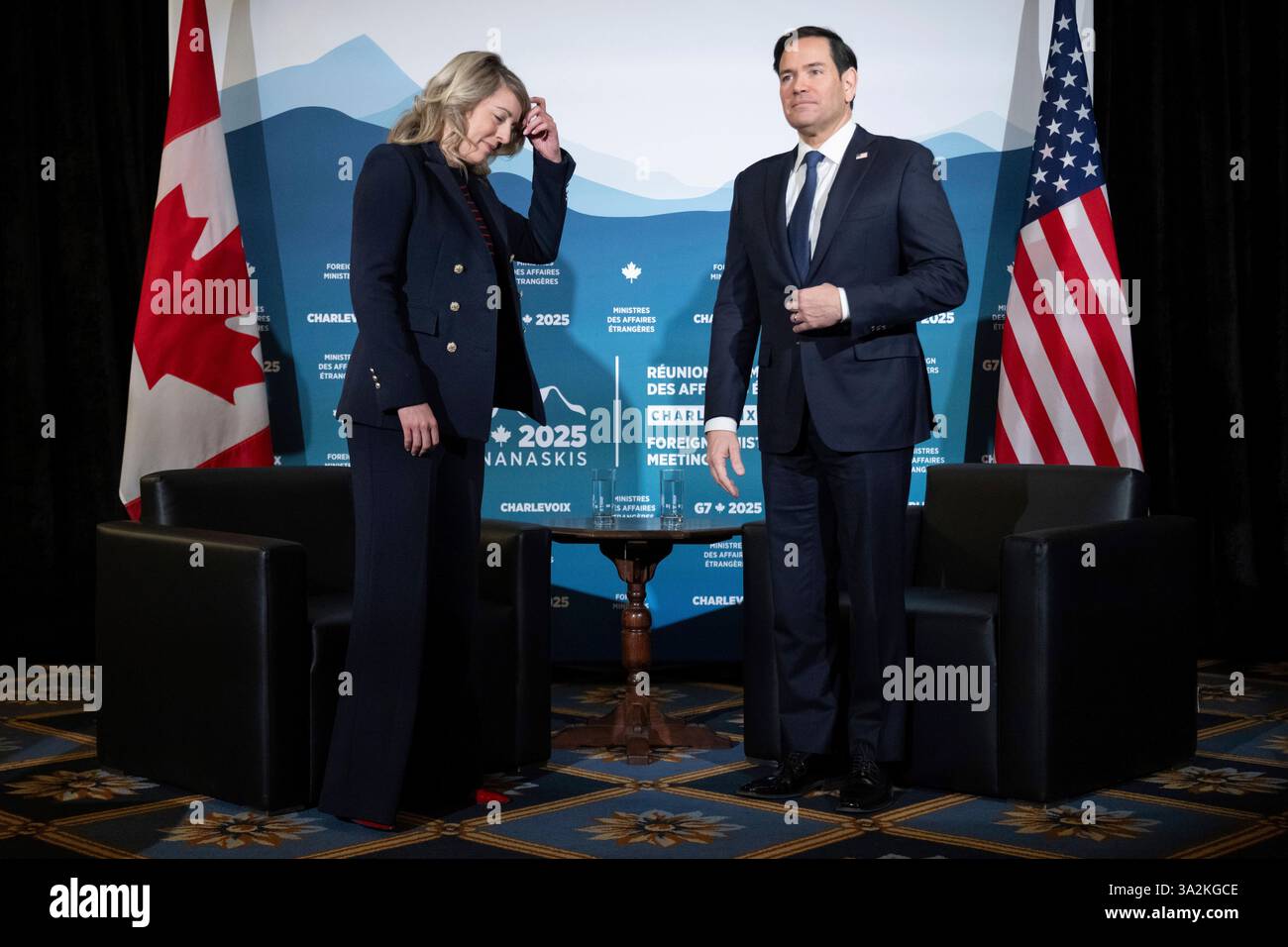 Canadian Foreign Minister Melanie Joly stands with U.S. Secretary of State Marco Rubio during ...
