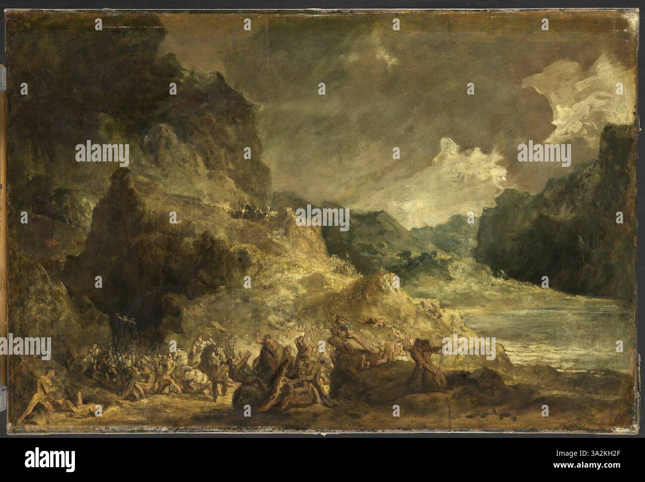 This anonymous painting depicts a battle scene in a rugged landscape ...