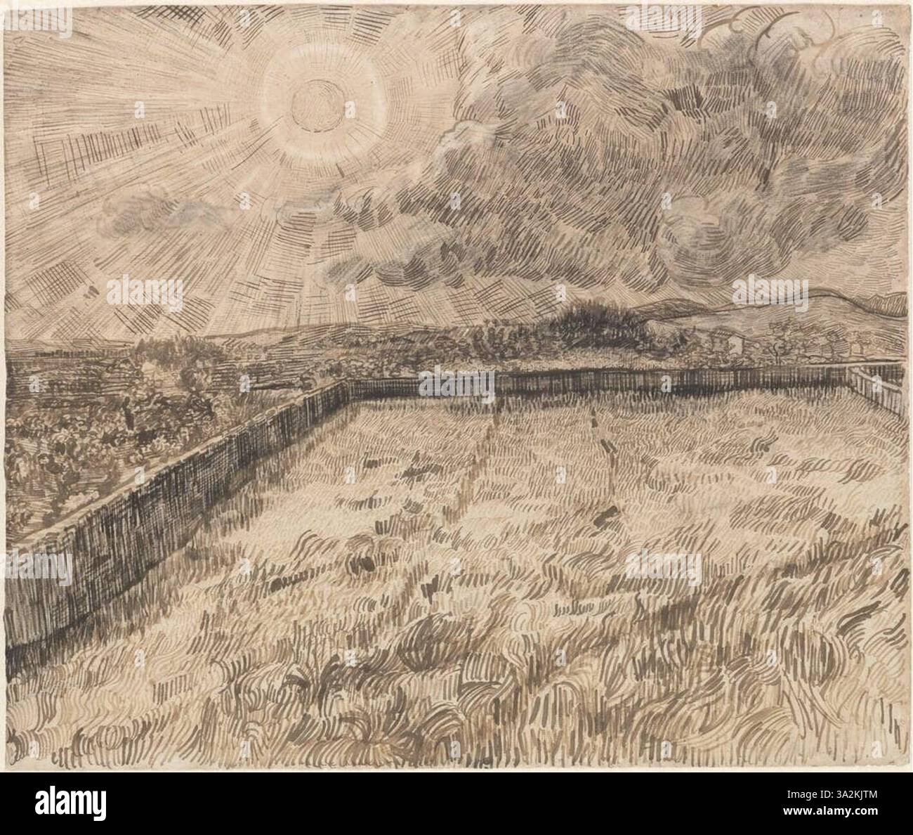 This painting by Vincent van Gogh depicts a walled cornfield under a ...