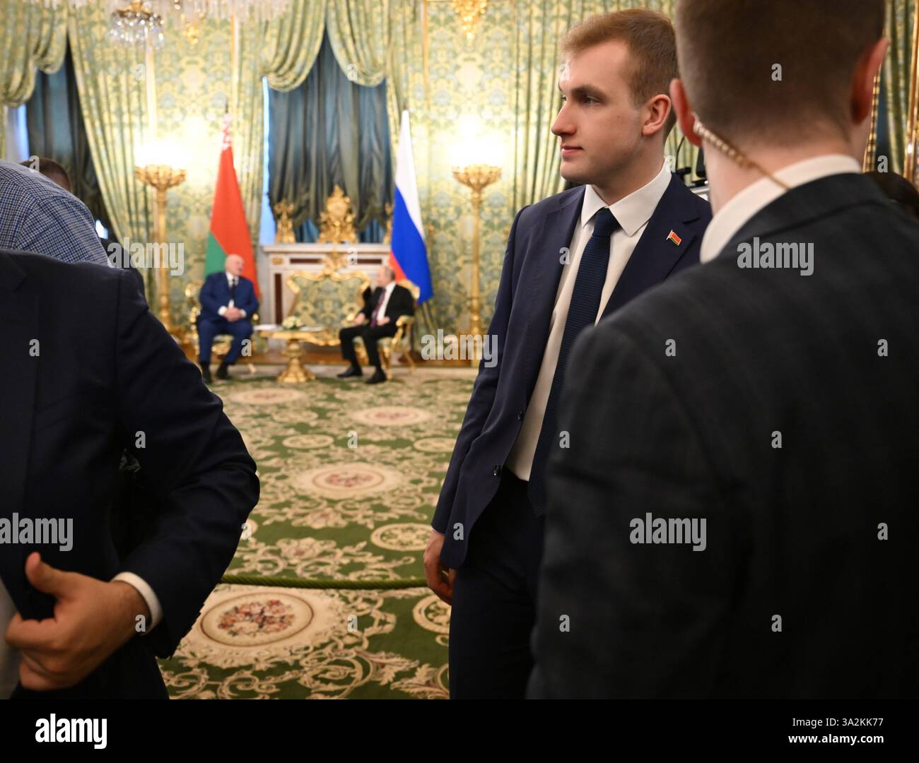 The son of Belarusian President Alexander Lukashenko Nikolai Lukashenko during negotiations in ...