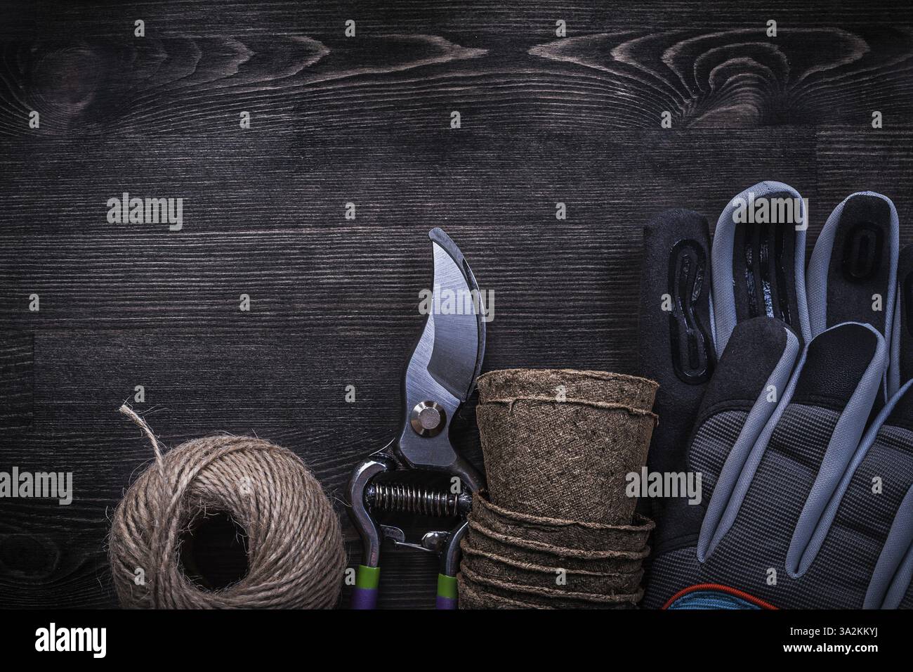 Safety gloves secateurs peat glasses hank of string horizontal version ...