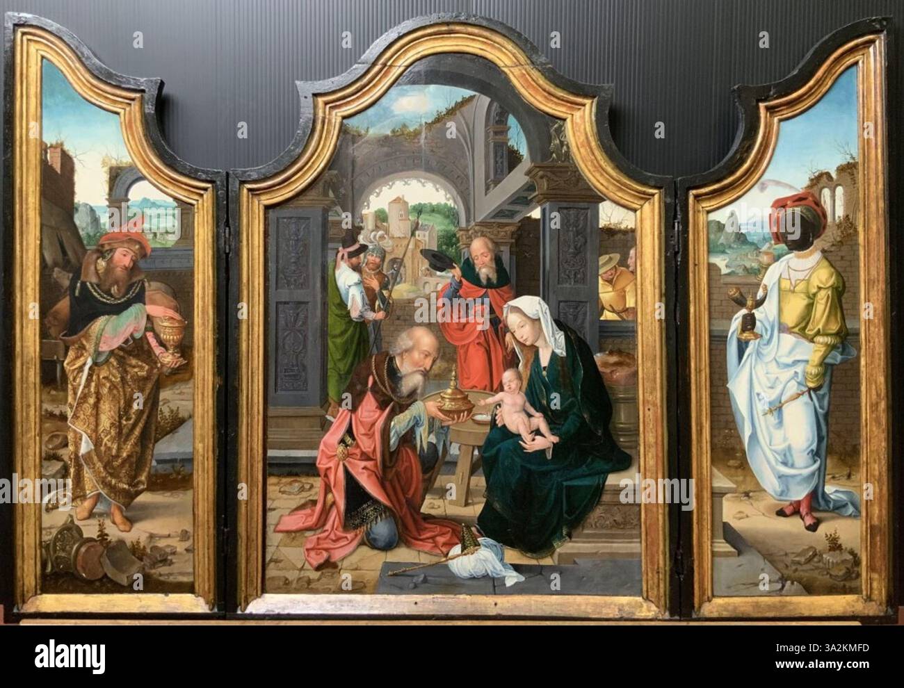 The 'Adoration of the Magi' triptych, attributed to the Master of 1518, depicts the Nativity ...